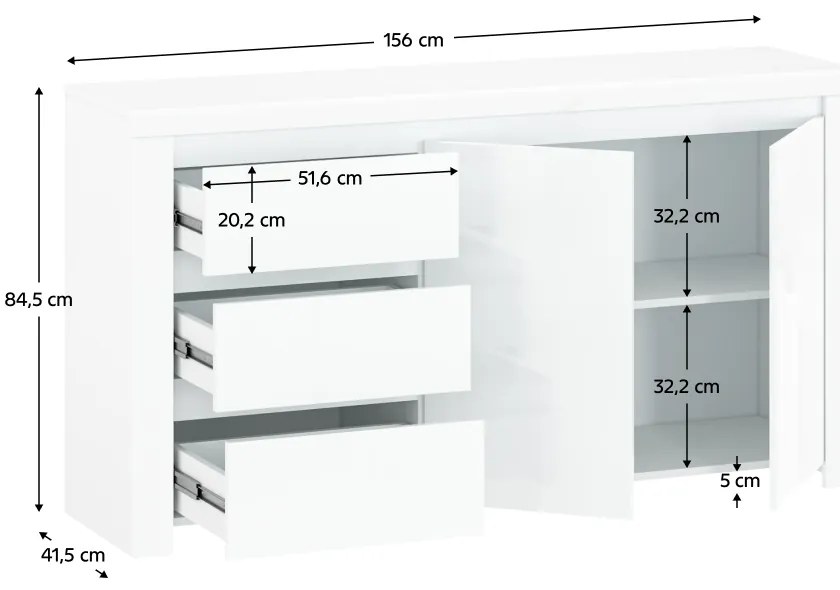 Kondela Komoda 2D3S, bílý lesk, LINDY