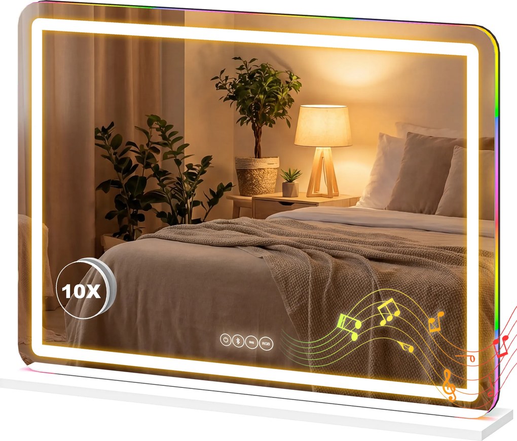 HOMCOM osvětlené make-up zrcadlo 80x60 cm, stmívatelné LED toaletní zrcadlo, RGB světlo, 3 barevné teploty, bílé
