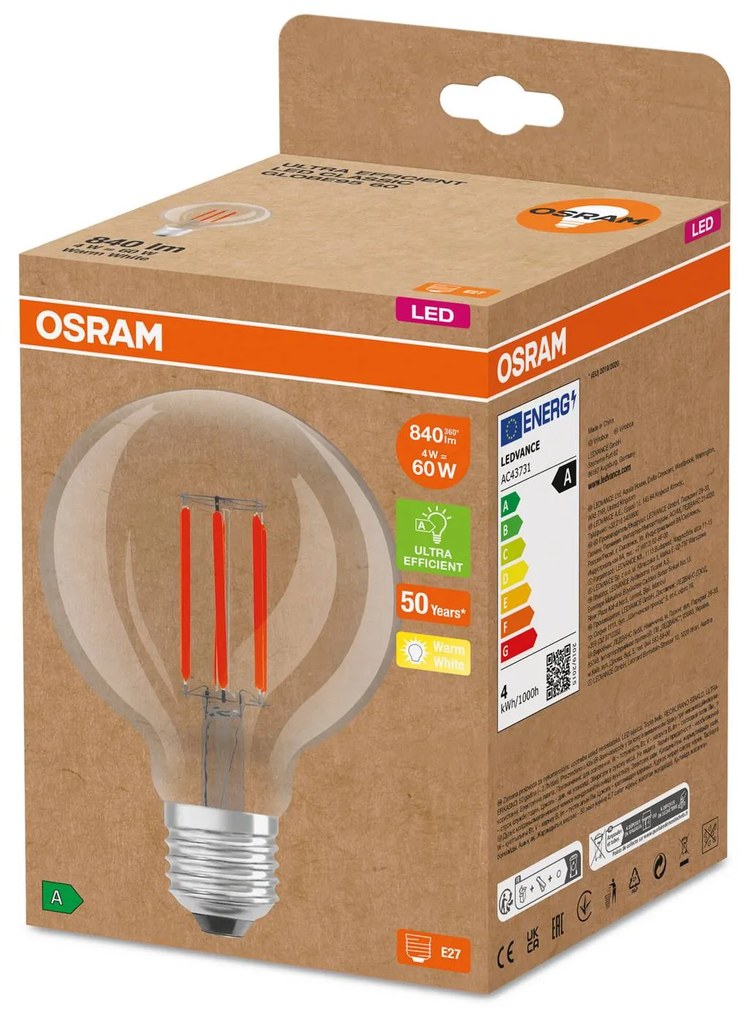 OSRAM LED globe E27G95 3,8W 806lm 3000K čirá