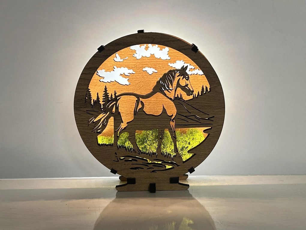 Li-Go "Kůň s mechem" dřevěná lampa s dvojitým podsvícením 20x22 cm dub