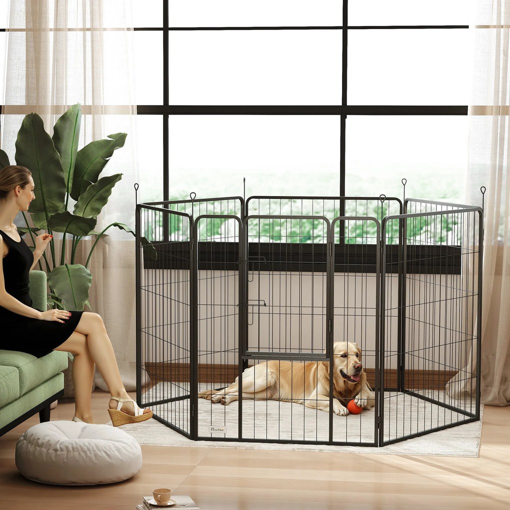 PawHut Cvičební výběh pro štěňata 100 cm vysoký, 6dílný psí výběh DIY s dveřmi, volně se pohybující voliéry pro malé, střední a velké psy, ocel, šedá