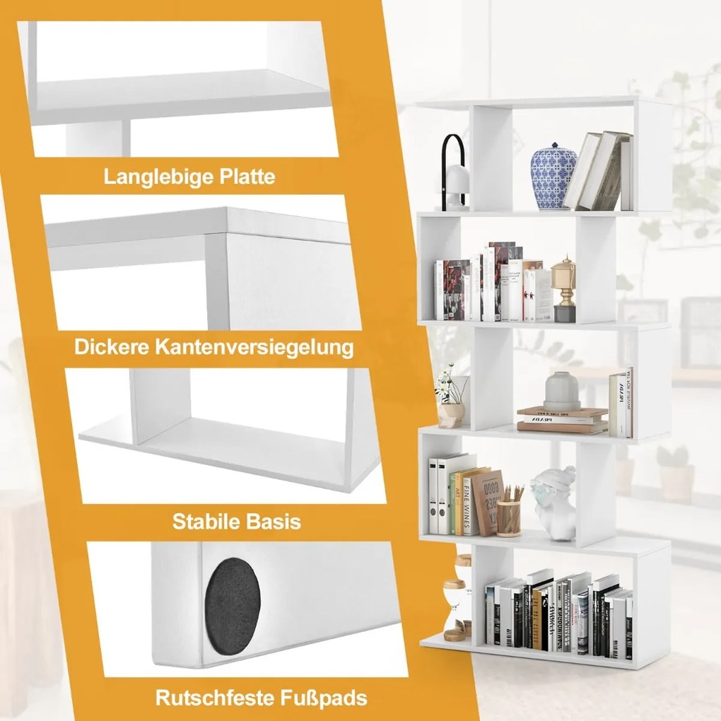 Costway Knihovna 5 vrstev Anti-Tilt Samostatně stojící přepážka – bílý