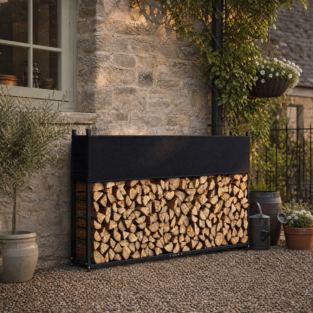Outsunny Stojan na palivo 202 x 25 x 113 cm, stojan na dřevo s 600D Oxford krytem, ocelový rám do 500 kg, černý