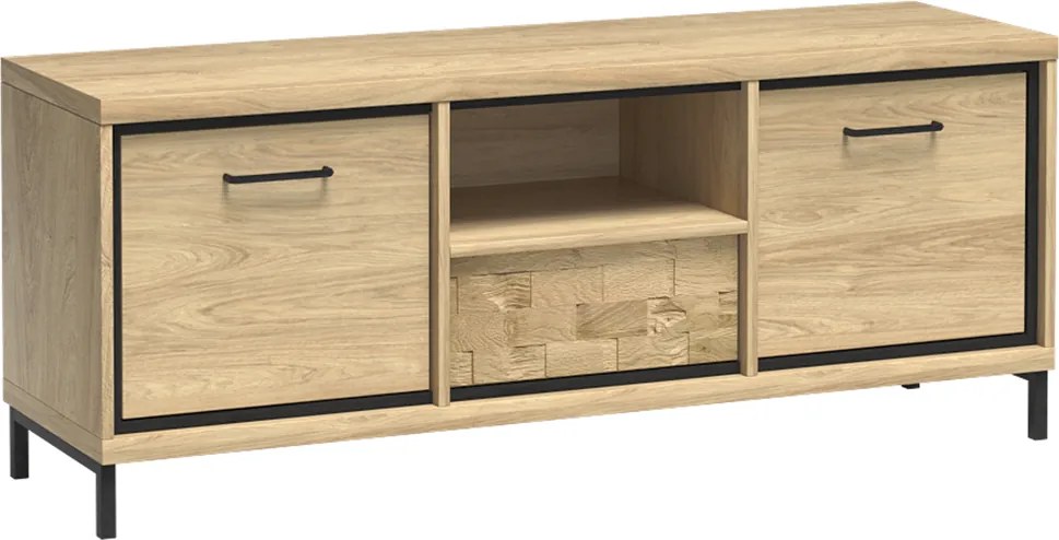 MEDIOLAN | TV stolek M12 se zásuvkou a policemi + dekorační deska + KOVOVÉ NOŽIČKY | 139 cm | natural hikora