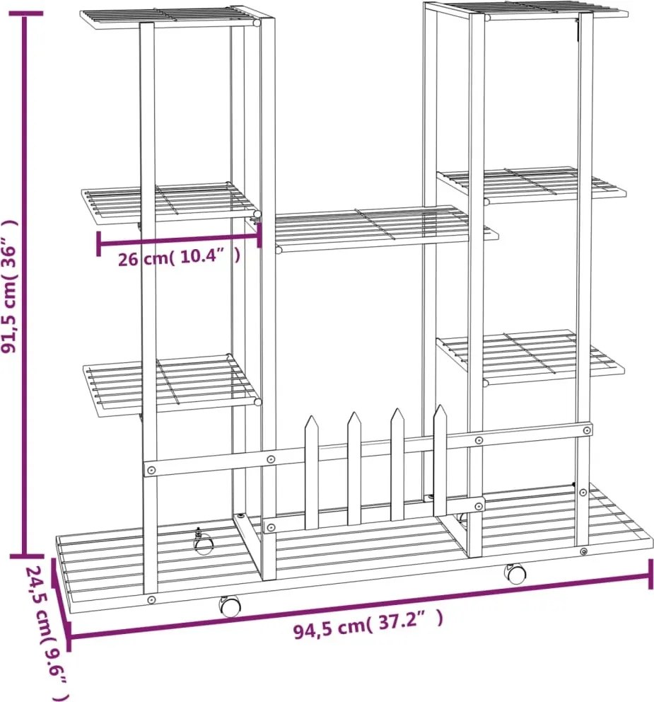 vidaXL Stojan na květiny s kolečky 94,5 x 24,5 x 91,5 cm železo [343122] Barva: Černá