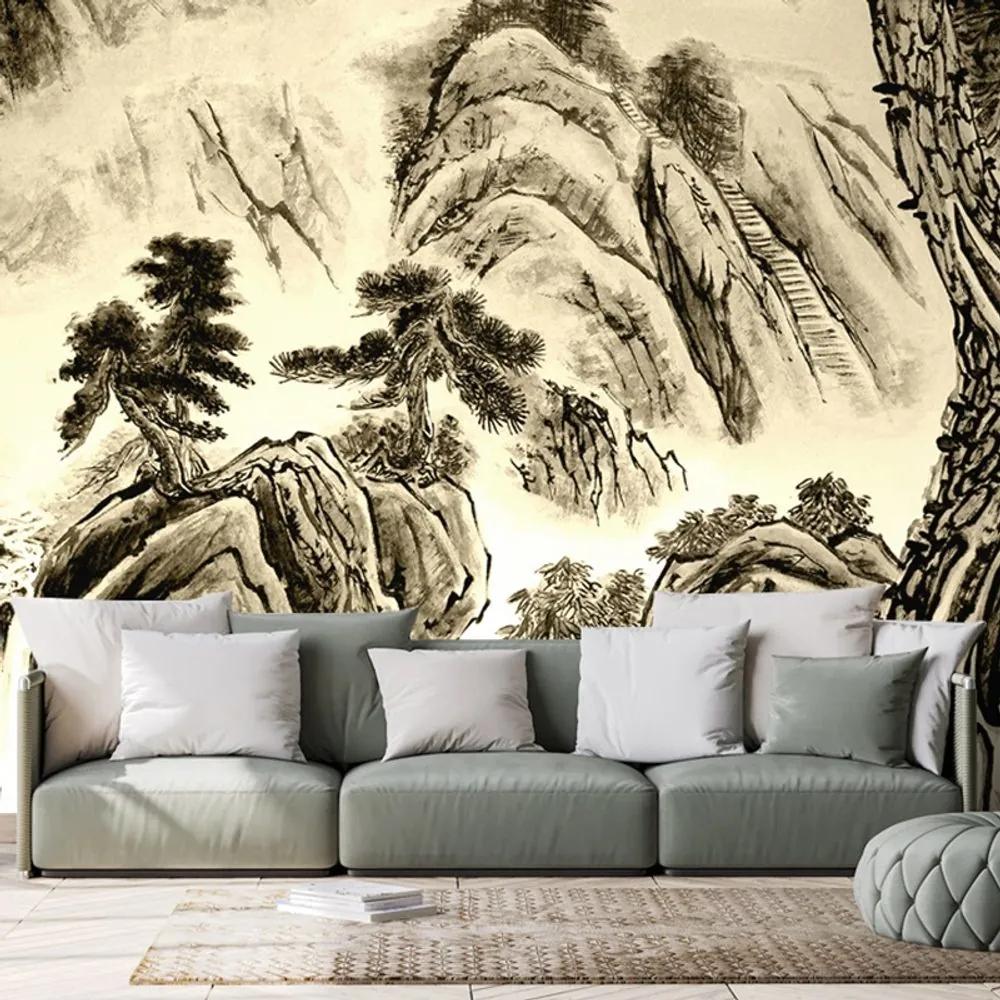 Tapeta sépiová čínská krajinomalba - 150x100 cm