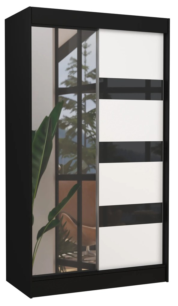 Posuvná skříň se zrcadlem a lacobel TOURA Šířka: 200, Hlavní barva: Bílá, Další barva: Černý Lacobel