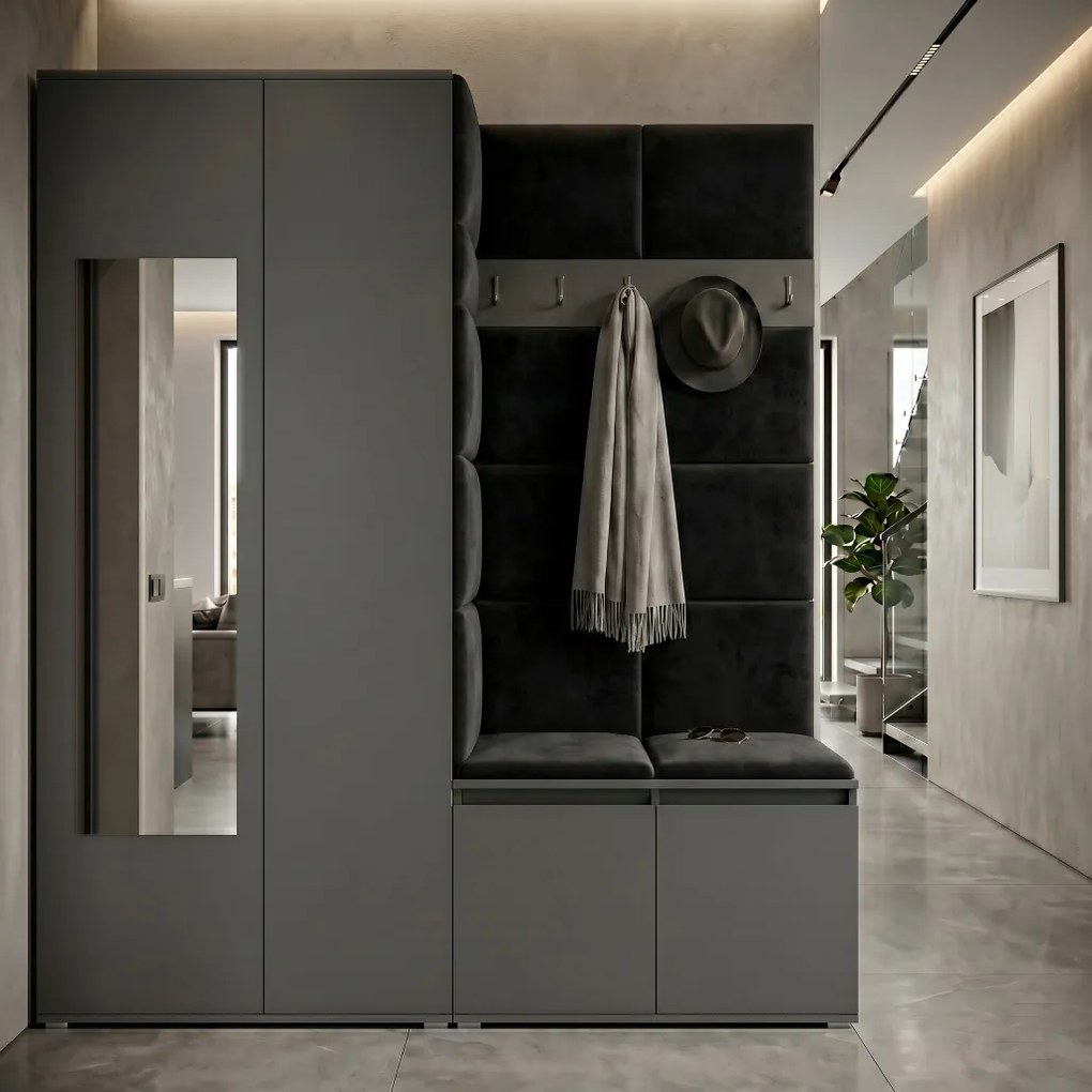 Předsíňová stěna Trinity 8 s čalouněnými panely, 190 cm, grafit/ černá