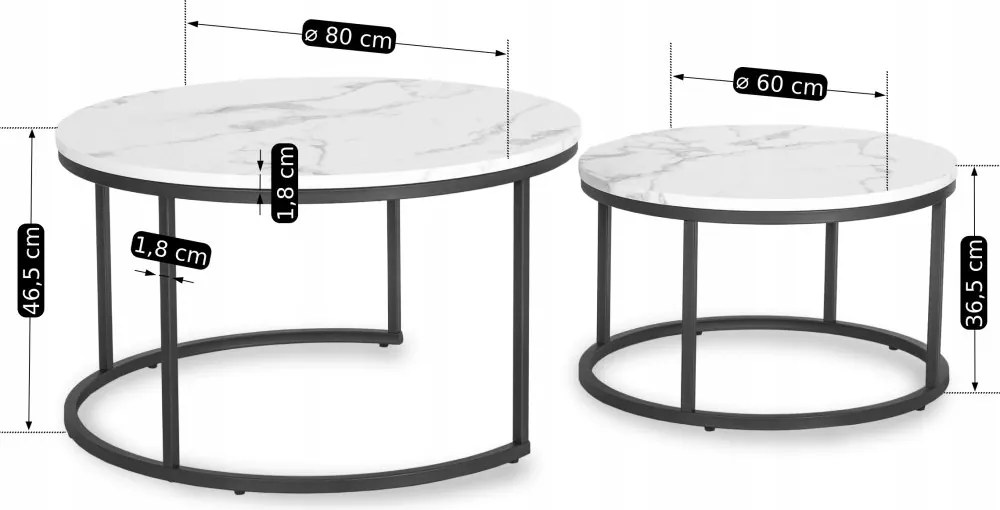 Mebel Elite Elegantní sada stolků DAFNE MAX, bílý mramor a černý kov Meble Elite