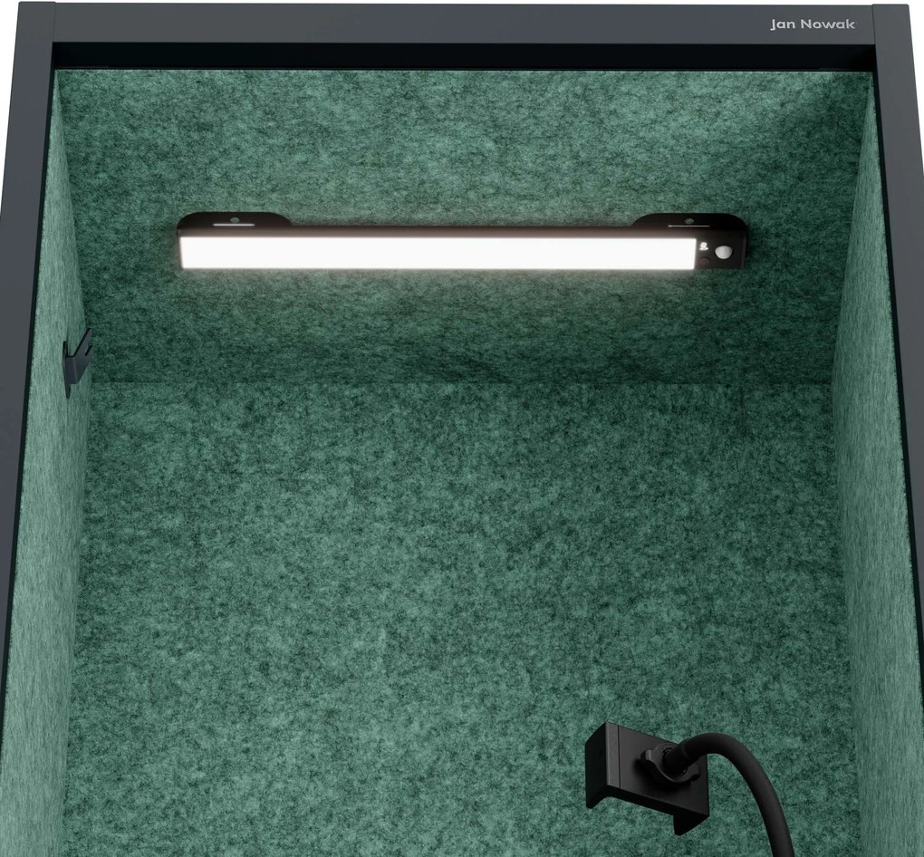 Kancelářská akustická kabina se sedátkem a USB-C portem, korpus antracitový / sedák zelený, 600 mm: SALLY MentalBox