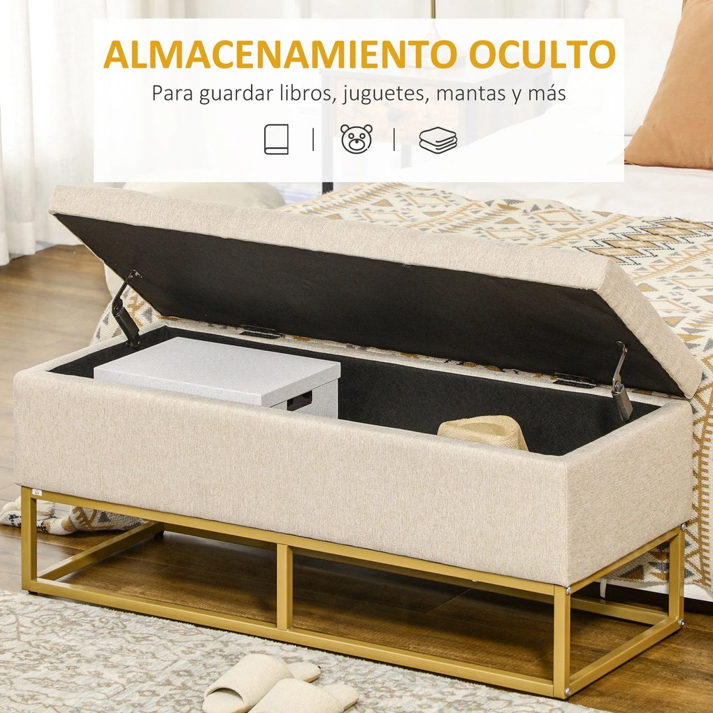 HOMCOM Úložná Ottomanka s čalouněním ze syntetického lnu s odklápěcím víkem a ocelovými nohami do obývacího pokoje 110x44x48 cm Béžová