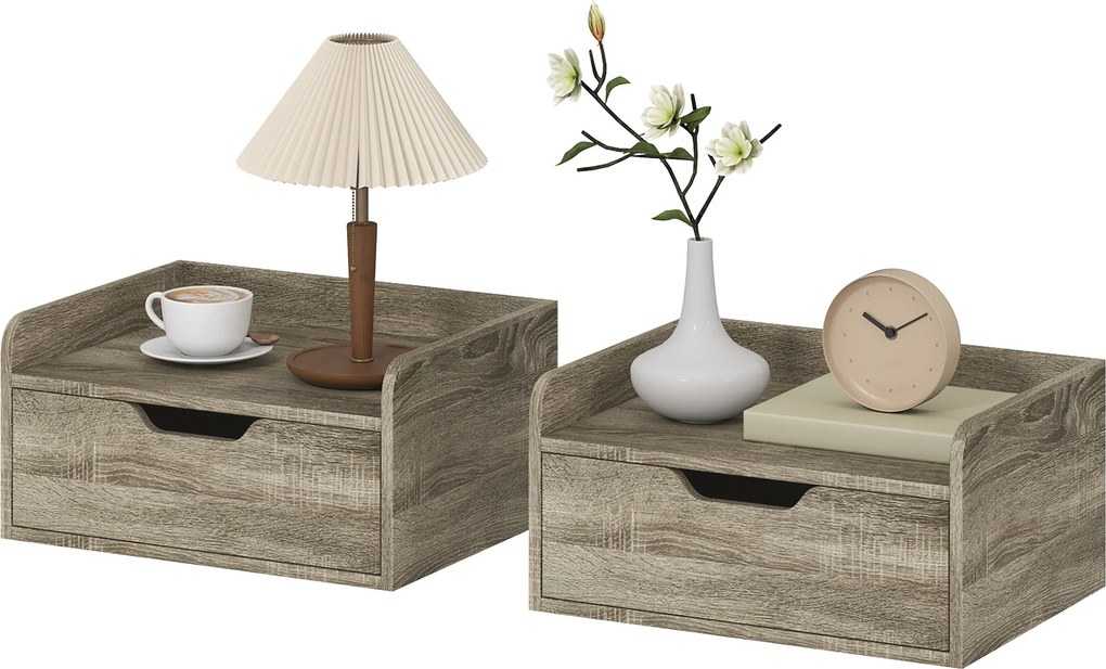HOMCOM 2dílný set nástěnných nočních stolků, noční stolky se zásuvkou a poličkou s vyšším okrajem, 40x30x19,5 cm, šedá