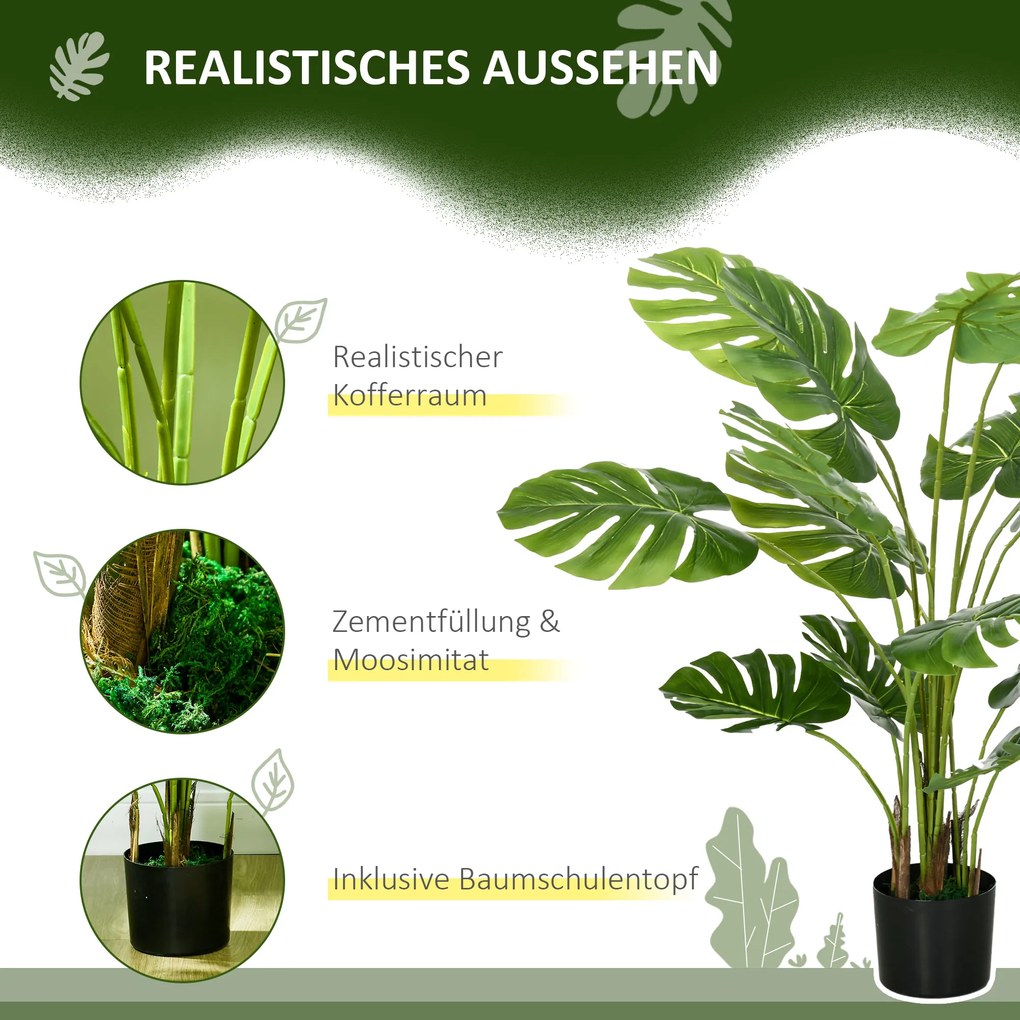 HOMCOM Umělá rostlina Monstera 120cm s květináčem a PE mechem, klamně skutečná pro obývací pokoj a dekorace v zelené barvě | Aosom.de