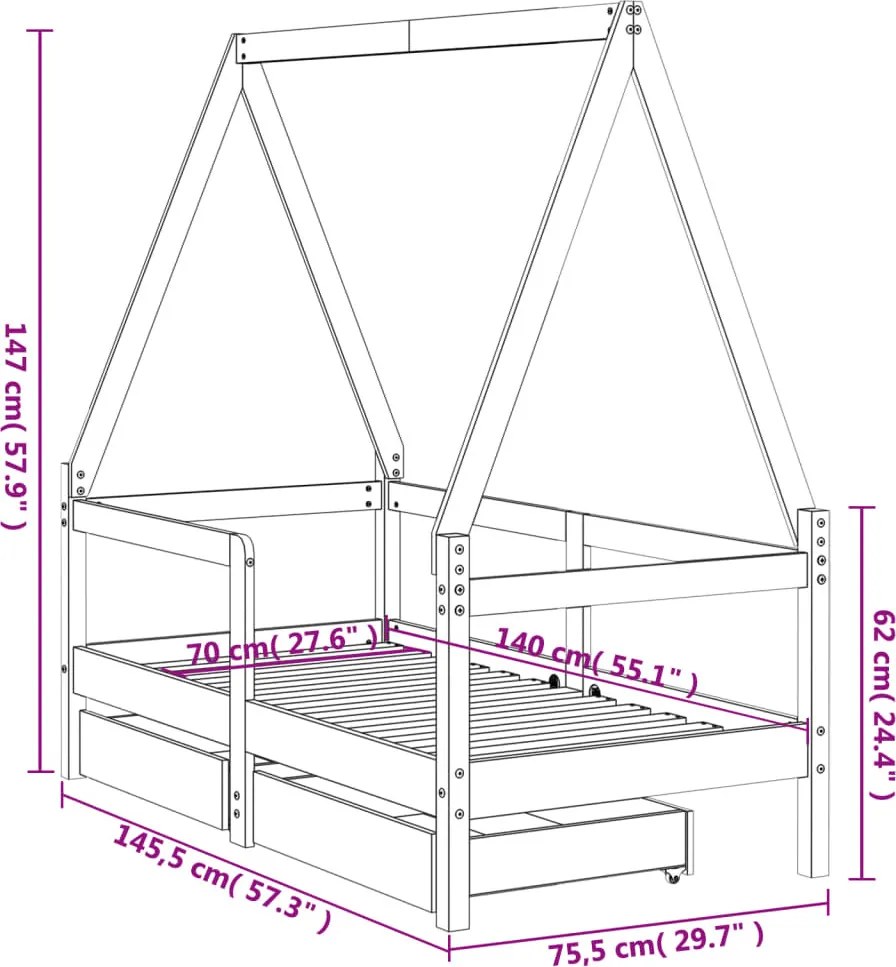vidaXL Dětská postel se zásuvkami 70x140 cm masivní borové dřevo [834472] Barva: Přírodní