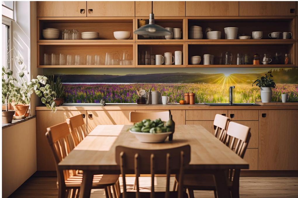DIMEX | Fototapeta do kuchyně Sluneční paprsky nad loukou KI-420-201 | 420 x 60 cm | žlutá, zelená, fialová