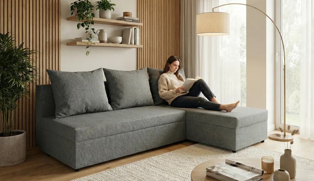 Rohová rozkládací sedací souprava do L VELORIA, 200 cm, s úložným prostorem Roh pohovky: Pravý roh, Barva látky Kronos: Šedá (Kronos 15)