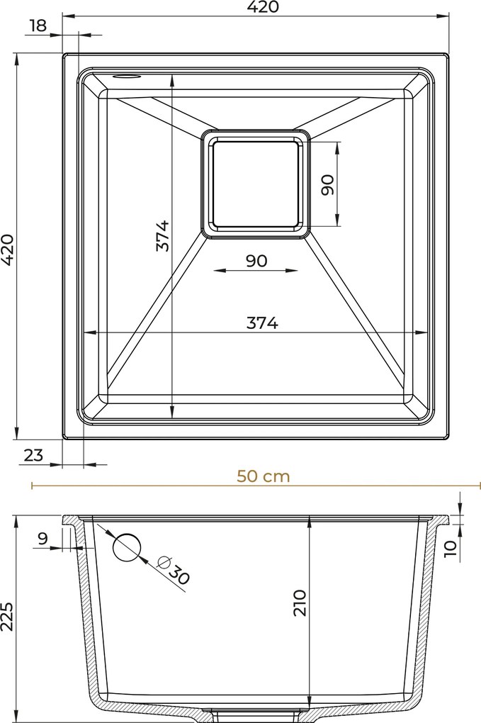 Sink Quality Argon 50, kuchyňský granitový dřez 420x420x225 mm + chromový sifon, černá skvrnitá-Brocade, SKQ-ARG.B.1KBO.50.X