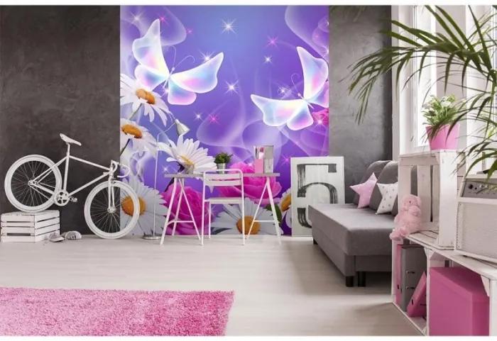 DIMEX | Vliesová fototapeta na zeď Motýlci MS-3-0113 | 225 x 250 cm | fialová, bílá, růžová