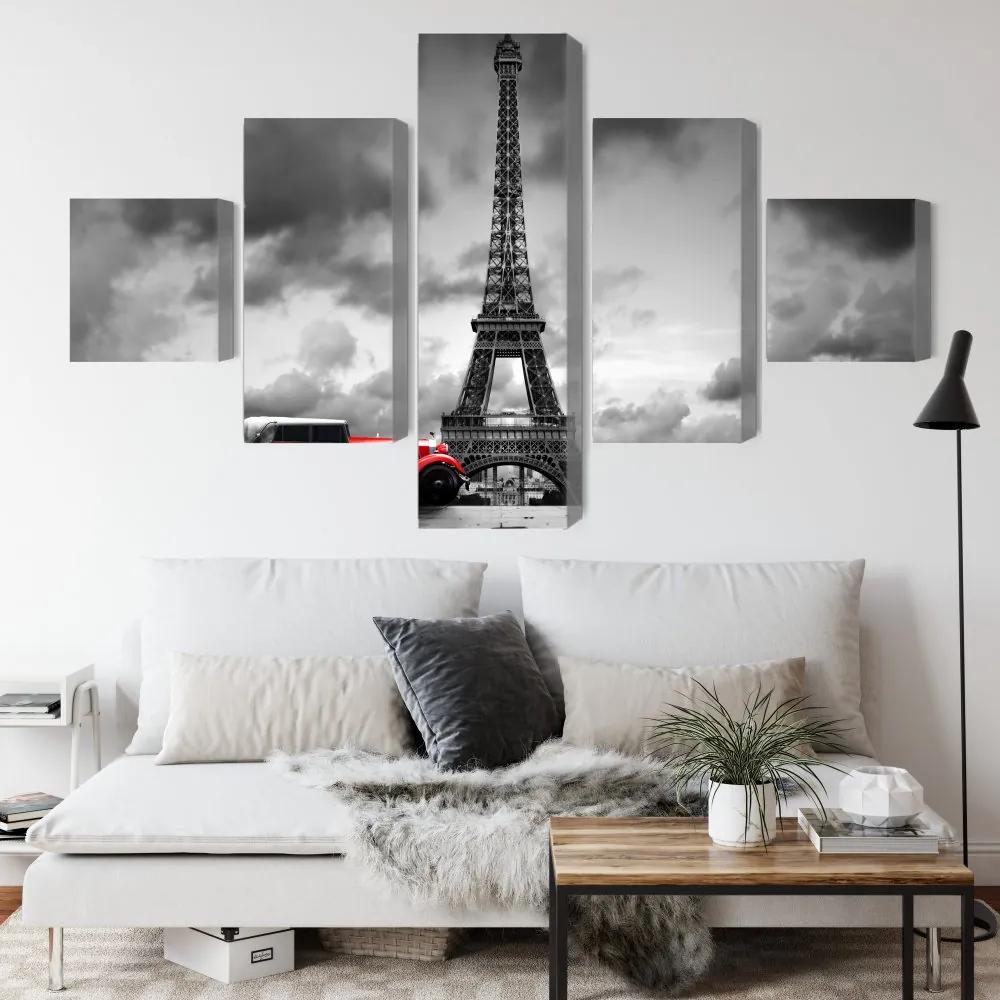 Vícedílný obraz Černobílý Pohled Na Eiffelovu Věž A Retro Auto Nedostatek Nedostatek Přírodní plátno 250x150