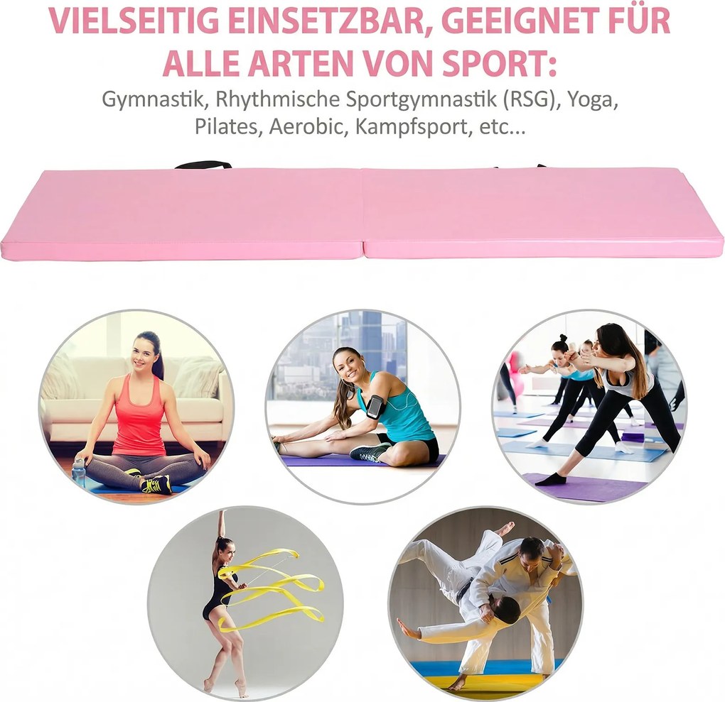 HOMCOM Skládací Cvičební Podložka pro Gymnastiku, Jógu a Pilates 180L x 60W x 5H cm Růžová