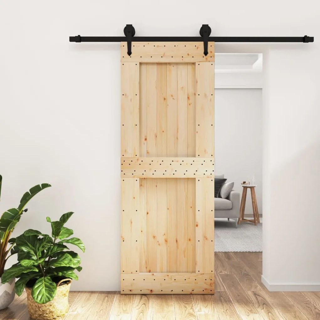Posuvné Dveře S Kováním 80 X 210 Cm Masivní Borové Dřevo Stříbrná