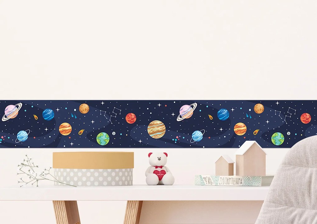 Dětská samolepící bordura na zeď Planety Ve Vesmíru | 5 m x 13.8 cm | DWBD8491
