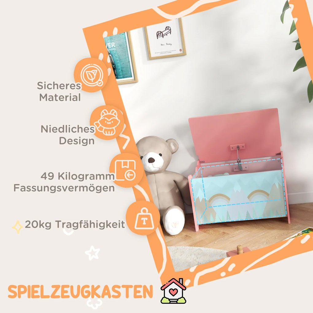 ZONEKIZ Úložný box s úložným prostorem, box na hračky s bezpečnostním závěsem víka, design roztomilých zvířátek, 60 x 37 x 39 cm, růžová barva