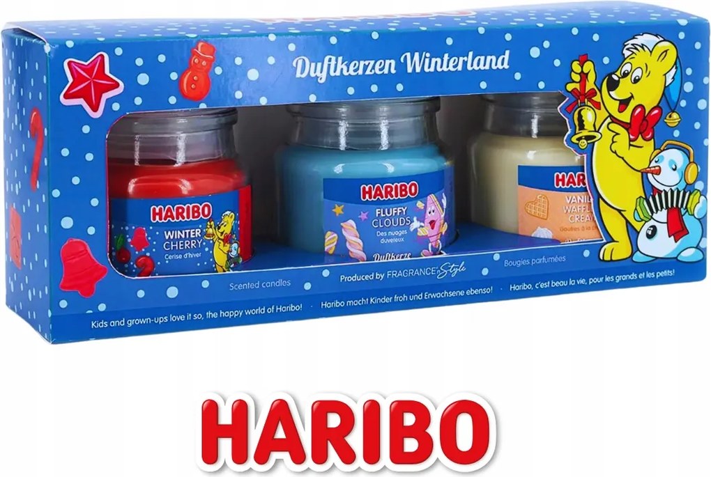 Vánoční sada vonných svíček Haribo Winterland 3 x 85 g Jako Dárek!