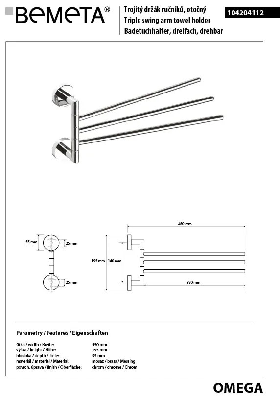 Bemeta Design OMEGA: Držák ručníků, trojitý, otočný 450 mm - 104204112