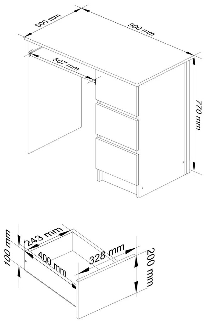 Třízásuvkový počítačový stůl DYENS pravý 90 cm tmavě hnědý/bílý dub