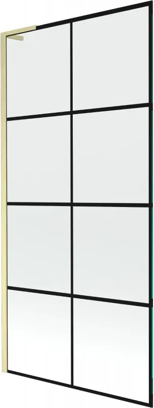 Mexen Next L, 1-křídlová vanová zástěna 90 x 150 cm, 6mm čiré sklo-černý vzor, zlatý matný profil, 895-090-000-03-77-55