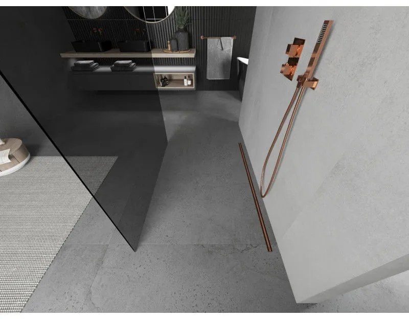 Mexen Kioto, průchozí sprchová zástěna 110 x 200 cm, 8mm šedé sklo, 2x růžové zlato stabilizační rozpěra, 800-110-002-60-40