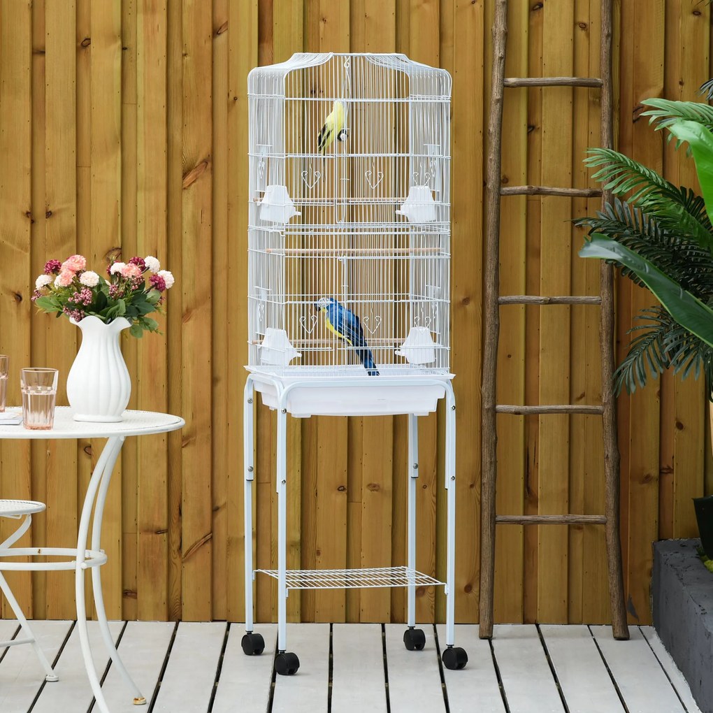 PawHut Ptačí Klec na Kolečkách 46,5x36x157 cm, Kovová Ptačí Klec se 4 Krmítky, 3 Hnízdy, Vyjímatelným Velkým Odtokem a Úložnou Policí pro Kanárky a A…
