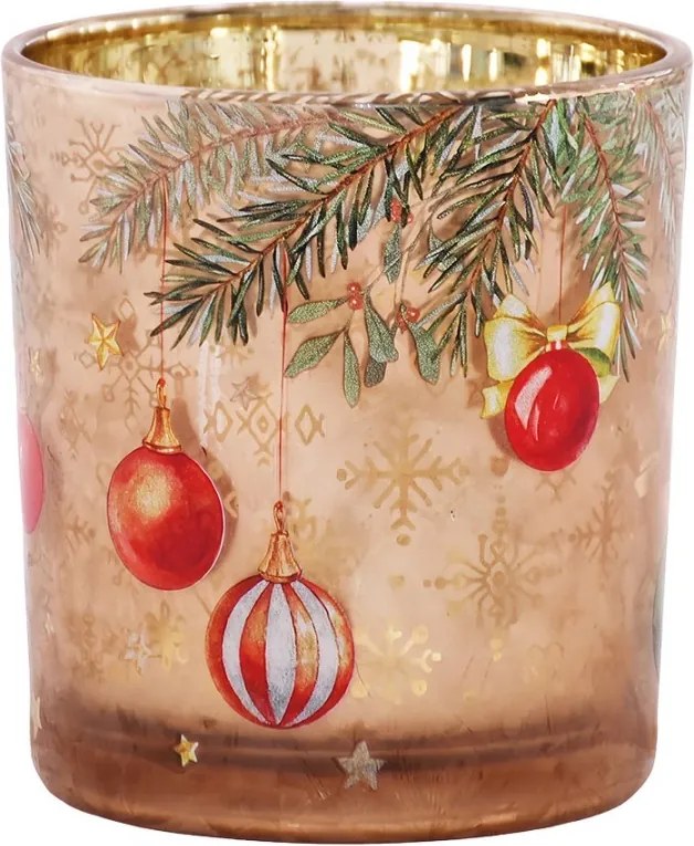 Vánoční lososový skleněný svícen s ozdobami S - Ø 7*8 cm
