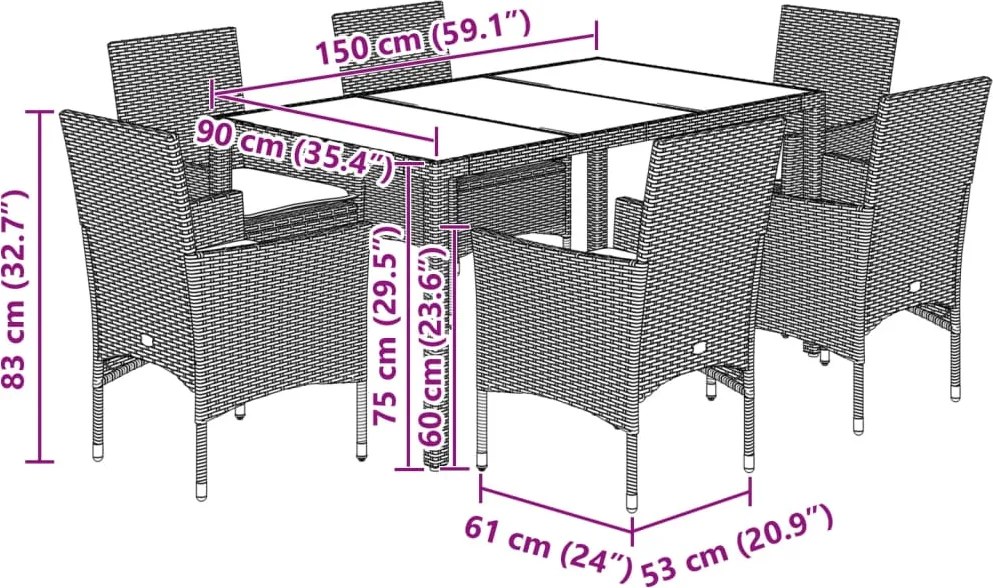 7dílný zahradní jídelní set s poduškami černý polyratan a sklo 3278540