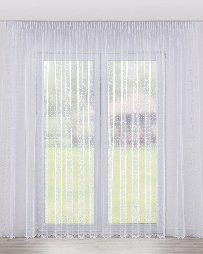 Záclona voálová jednoduchá s řasící páskou barva bílá látka poloprůhledná, pletený vzor, vzorované