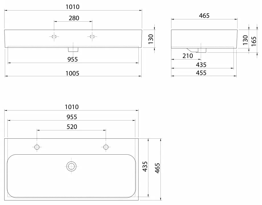 Sapho TORIDI keramické umyvadlo 101x46,5cm, 2 otvory pro baterii, černá mat TU0222B