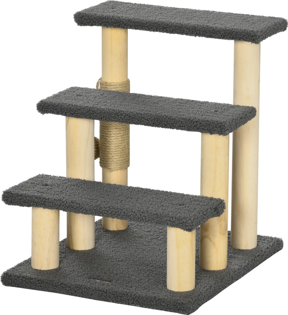 PawHut Kočičí Schody 3-Stupňové, 48 cm Pet Schody s Sisalovým Sloupem, Psí Schody s Hračkou, Pomůcka pro Vstup na Vyšší Postele, Borovicové Dřevo, Šed