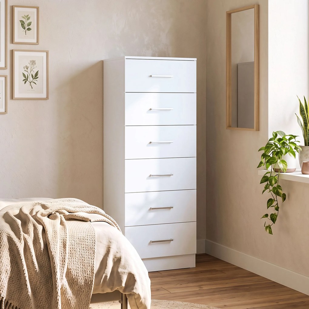 HOMCOM Komoda se 6 zásuvkami, moderní ložnicová komoda, úložná skříňka, 40 x 110 cm, bílá s dekorativním dřevěným vzhledem