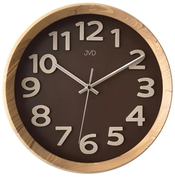Nadčasové plastové nástěnné designové hodiny JVD HT073.2 v imitaci dřeva