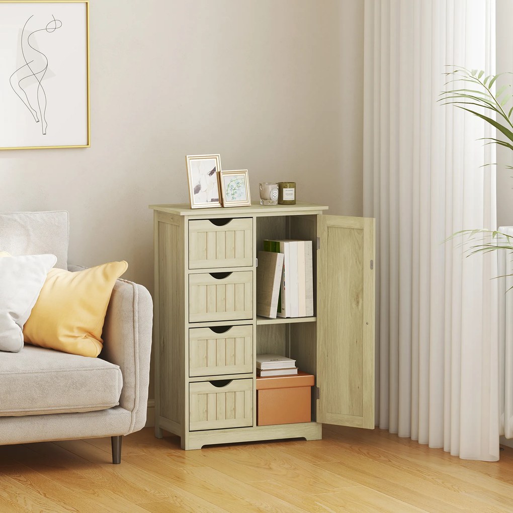 kleankin koupelnová skříňka Úzký sloupek s 4 zásuvkami a nastavitelnou polici Moderní styl 56x30x83 cm přírodní dřevo