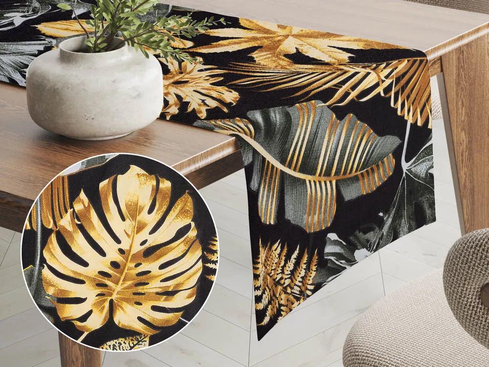 Biante Bavlněný běhoun na stůl Sandra SA-389 Šedozelené a zlaté tropické listy na černém 20x160 cm