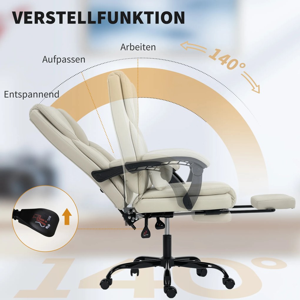 HOMCOM ergonomická kancelářská židle s nastavitelným opěradlem, vysouvatelnou opěrkou nohou, polstrovaným sedákem z ekokůže, výškově nastavitelná — b…
