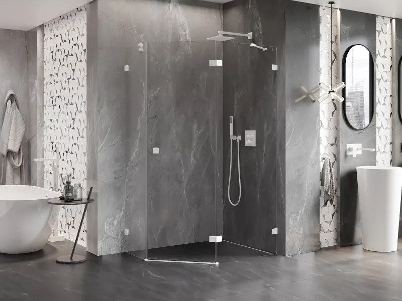 Mexen Lunar, pravý výklopný pětiúhelníkový sprchový kout 90 x 80 cm, 8mm čiré sklo, bílý profil, 831-090P-080L-20-00-P