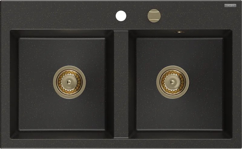 Mexen Hektor, 2-komorový granitový dřez 800x480x205 mm, černá-zlatá metalíza, zlatý sifon, 6521802000-75-G
