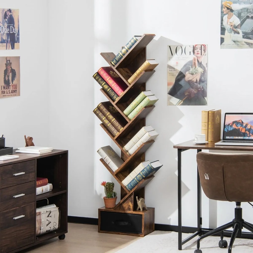 Costway Knihovna 10 Tier Tree Book se zásuvkou pro ložnici/obývací pokoj