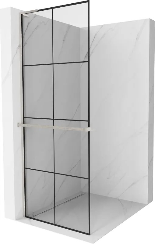 Mexen Kioto+ L, sprchová zástěna Walk-In s poličkou a věšákem 70 x 200 cm, 8mm čiré sklo černý vzor, broušená ocel profil, 800-070-123-97-77