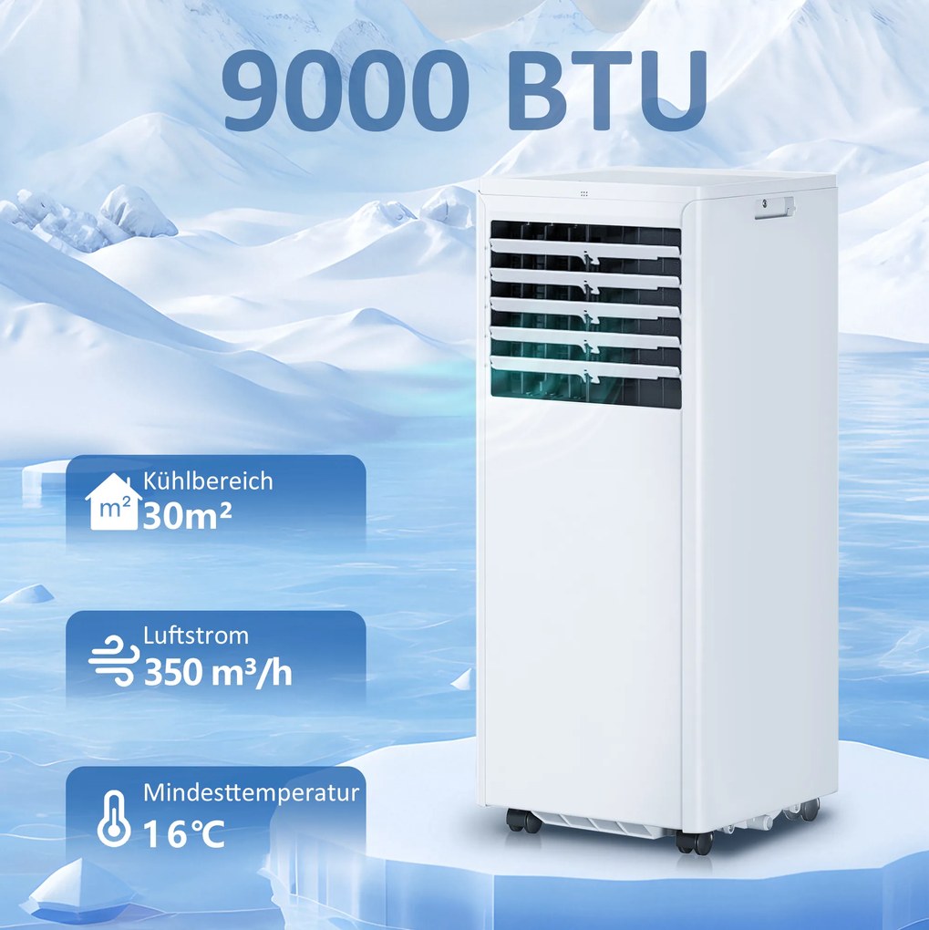 Přenosná klimatizace 9000 BTU, 4 v 1 s chlazením, odvlhčovačem, ventilátorem, režimem spánku
