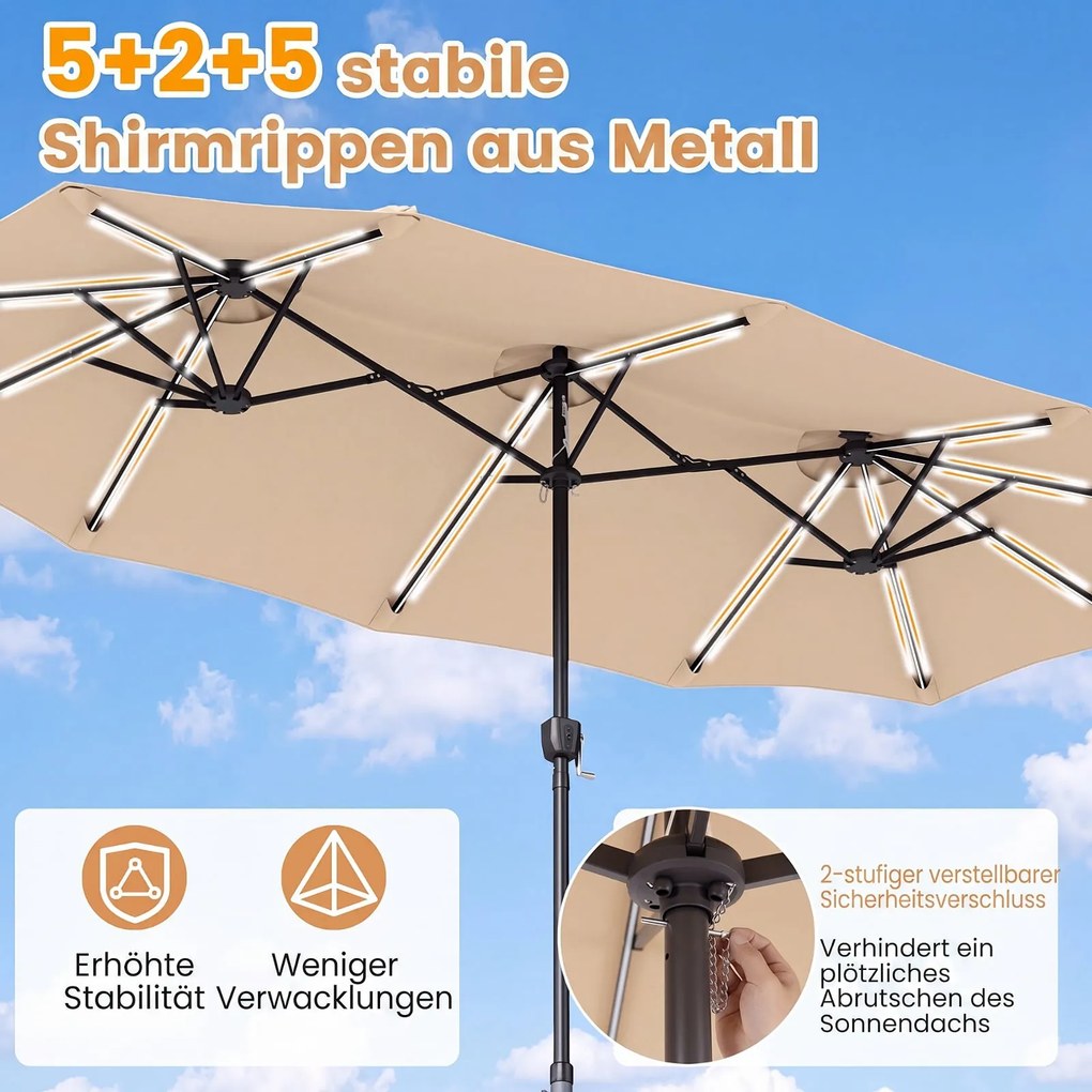 Costway Dvojitý slunečník s klikou a stojanem s 108 LED světly béžové