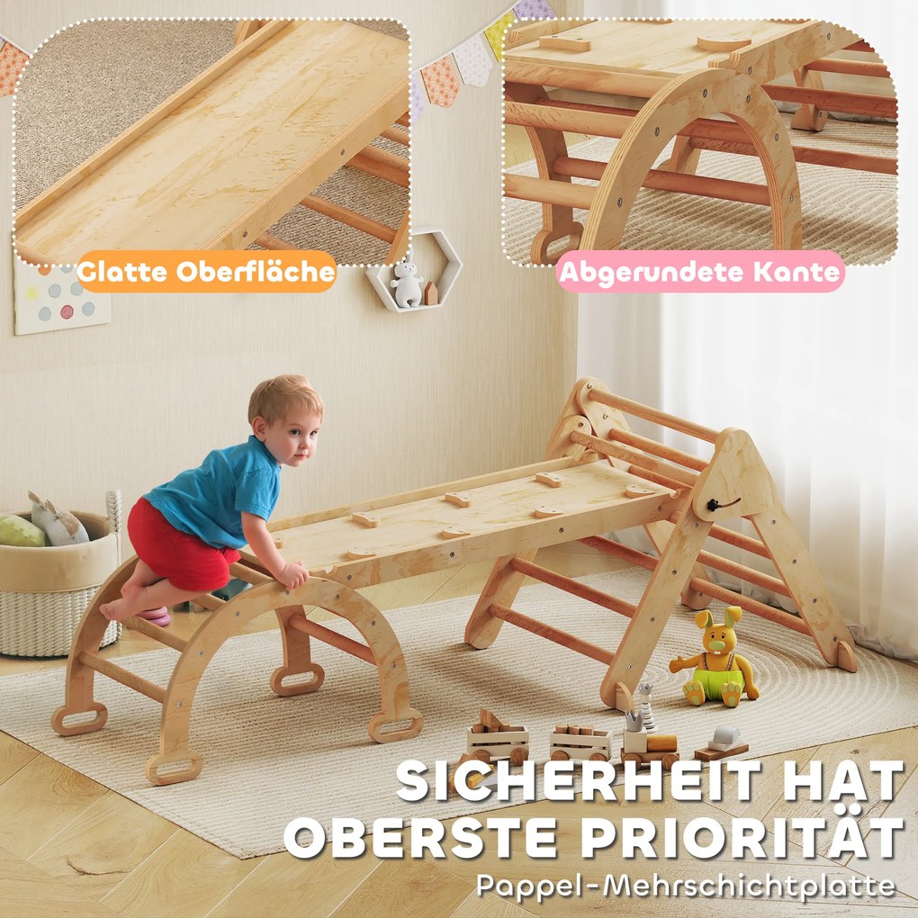 prolézačka 7 v 1, obloukový žebřík, trojúhelníkový žebřík, rampa, lezecká stěna, skluzavka, pro děti od 1,5 do 4 let, skládací, dřevo